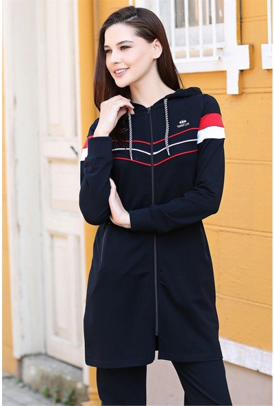 Tommy Life Lacivert Kadın Kapüşonlu Çizgi Şeritli Rahat Form Klasik Paça Eşofman Tunik Takım-95175 Tommy Life Lacivert Kadın Kapüşonlu Çizgi Şeritli Rahat Form Klasik Paça Eşofman Tunik Takım-95175