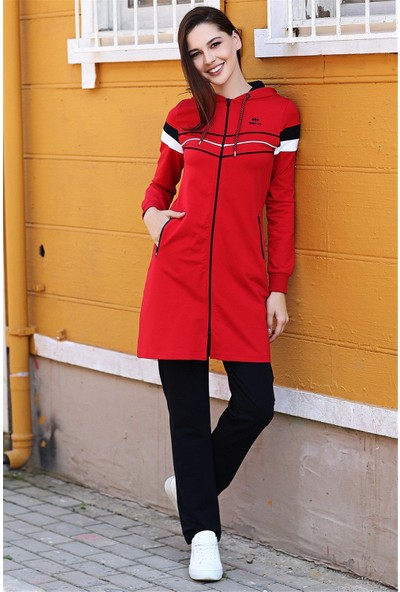 Tommy Life Kırmızı-Lacivert Kadın Kapüşonlu Çizgi Şeritli Rahat Form Klasik Paça Eşofman Tunik Takım-95175 Tommy Life Kırmızı-Lacivert Kadın Kapüşonlu Çizgi Şeritli Rahat Form Klasik Paça Eşofman Tunik Takım-95175