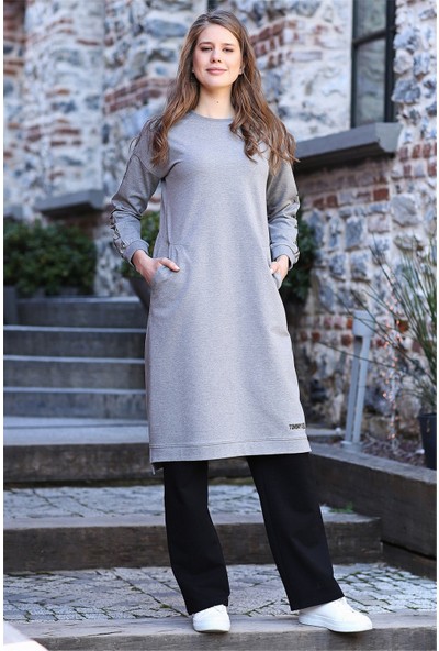 Tommy Life Cepli Kolları Desenli Gri-Melanj Kadın Tunik Takım