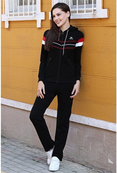 Tommy Life Çizgili Omuz Garnili Siyah Kadın Eşofman Takım Tommy Life Çizgili Omuz Garnili Siyah Kadın Eşofman Takım