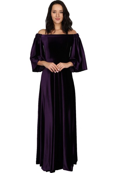 Moda Labio Düşük Omuz Mor Kadife Elbise