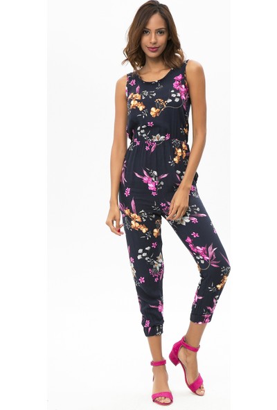 New Laviva Lacivert Kadın Kolsuz Çiçek Desenli Tulum