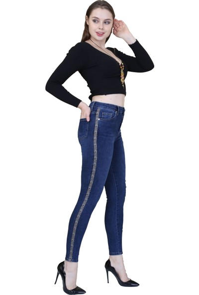 Gül Moda Kadın Yanları Leopar Şeritli Kot Pantolon Mavi Gül Moda Kadın Yanları Leopar Şeritli Kot Pantolon Mavi