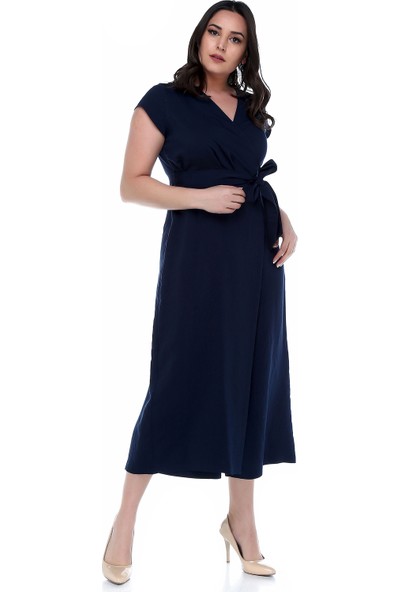 B&S Line Lacivert Rengi Kuşaklı Kruvaze Tulum Elbise
