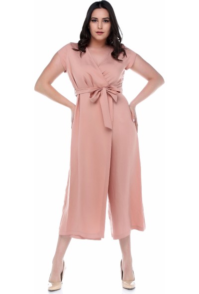 B&S Line Pudra Rengi Kuşaklı Kruvaze Tulum Elbise