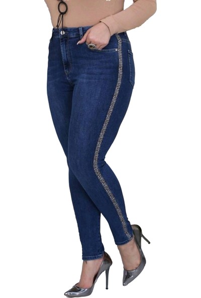 Gül Moda Kadın Büyük Beden Yanları Leopar Şeritli Kot Pantolon Mavi Gül Moda Kadın Büyük Beden Yanları Leopar Şeritli Kot Pantolon Mavi