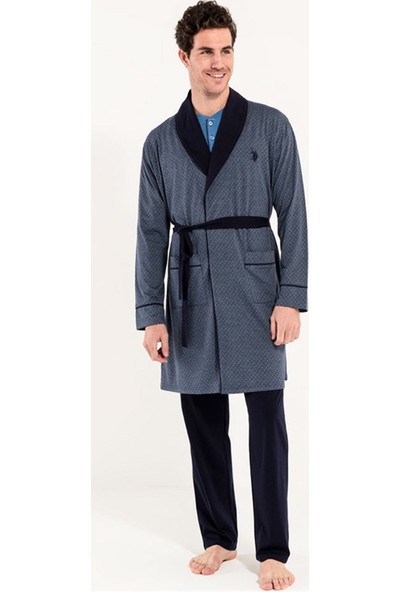 U.S Polo Erkek Robdeşambırlı Pijama Takımı 5Li Damat Seti 12003 Lacivert