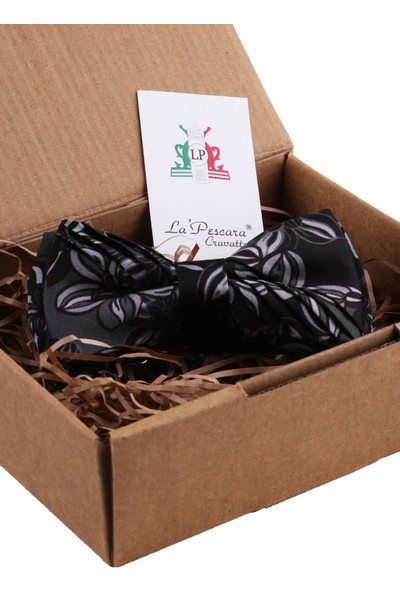 La Pescara Füme - Siyah Çiçek Desen Pilise İpek Papyon ESB09