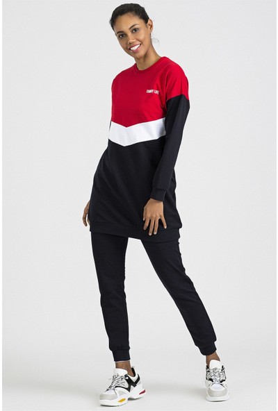 Tommy Life Bisiklet Yaka Lacivert-Kırmızı Kadın Eşofman Takım