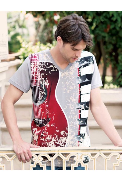 Şahinler Erkek Bej Gitar Baskılı T-Shirt MEP22614