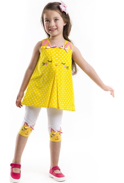 Denokids Sarı Uykucu Kedi Tunik Takım