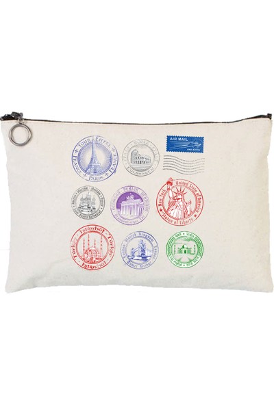 Art T-Shirt Postage Stamp Astarlı Bez Tablet Ve Makyaj Çantası Art T-Shirt Postage Stamp Astarlı Bez Tablet Ve Makyaj Çantası