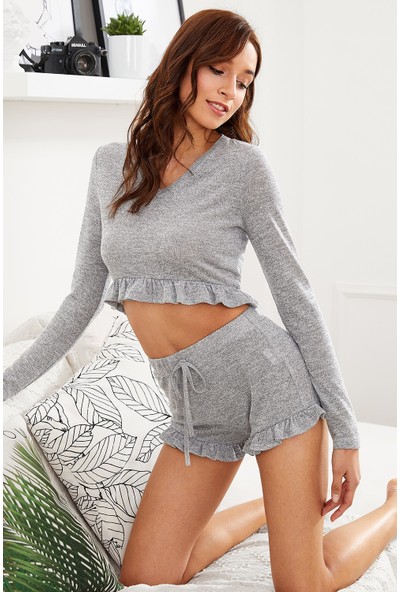 Merry See Gri Uzun Kollu Alt Üst Pijama Takım