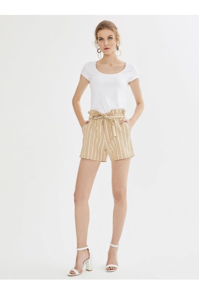 Xint Yüksek Bel Büzgülü Çizgili Şort