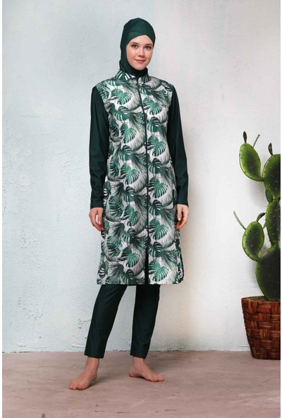 Haşema Kadın Tropikal Desenli Yeşil Tesettür Mayo H-2502TROPİKAL