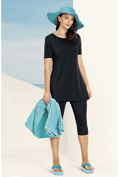 Haşema Kadın Siyah Yarım Kol Havuz Mayosu H-6081SÜSEN