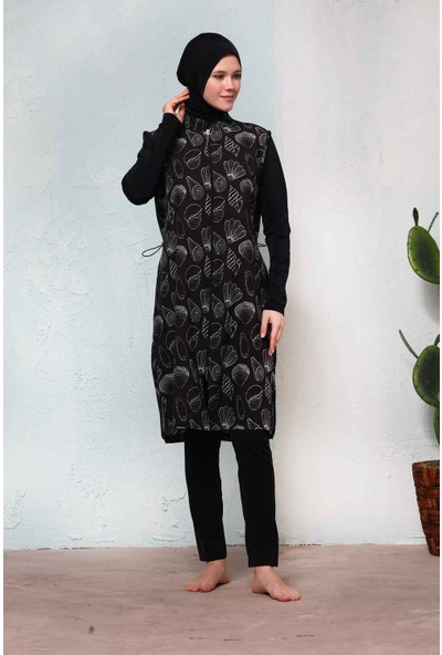 Haşema Kadın Siyah Deniz Kabuğu Desenli Tesettür Mayo H-2503ELİF Haşema Kadın Siyah Deniz Kabuğu Desenli Tesettür Mayo H-2503ELİF