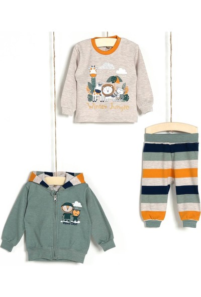 Aziz Bebe Erkek Bebek Body Pantolon Hırka 3'lü Takım 3107