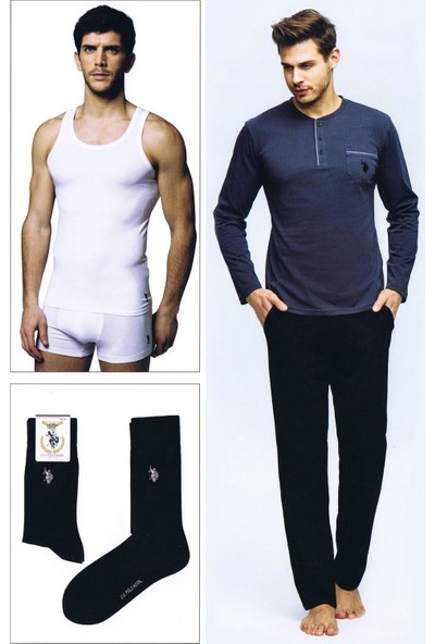 U.S. Polo Assn. Erkek Damat Çeyiz Pijama Çamaşır Takım 4'lü Antrasit 17394