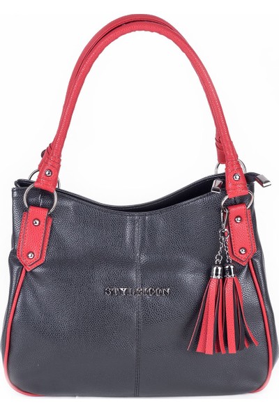 Modkofoni Metal Aksesuar Detaylı Siyah Kırmızı Tote Çanta