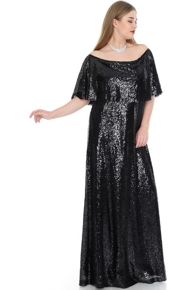 Angelino Butik Kadın Büyük Beden Omzu Ayarlı Payet Elbise KL779up Siyah