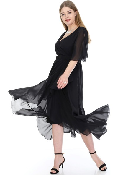 Angelino Butik Kadın Büyük Beden Şifon Uzun Elbise KL8020si Siyah