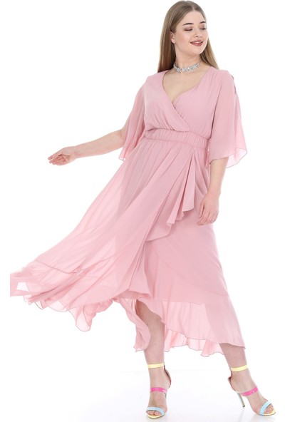 Angelino Butik Kadın Büyük Beden Şifon Uzun Elbise KL8020pu Pudra