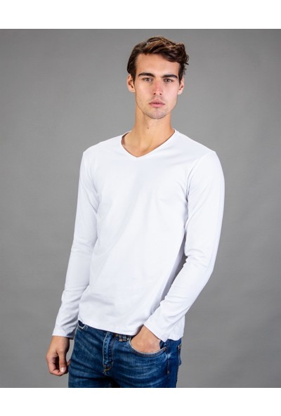 Tudors V Yaka Düz Beyaz Uzun Kol Erkek Sweatshirt Tudors V Yaka Düz Beyaz Uzun Kol Erkek Sweatshirt