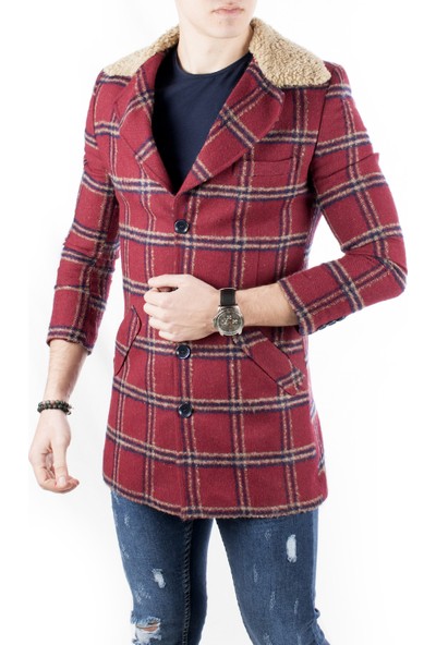 Deepsea Bordo Yakası Kürklü Ekose Yeni Sezon Kaşe Erkek Kaban 1901786