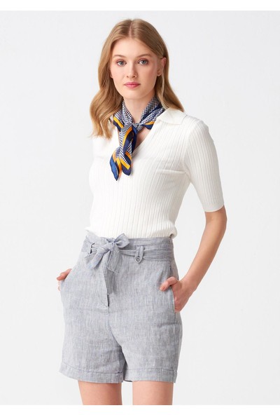 Dilvin 2359 V Polo Yaka Kısa Kol Kazak-Ekru