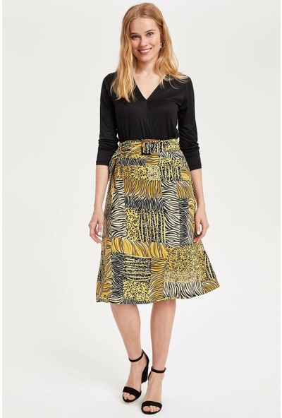 DeFacto Hayvan Desenli Yüksek Bel Dokuma Etek L0929AZ19SM