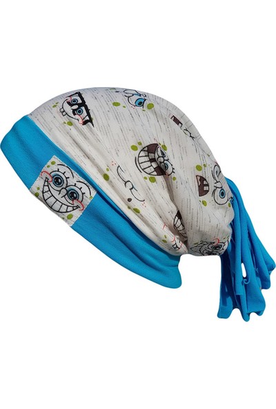 Babygiz Beyaz Mavi Sünger Bob Desenli Püskül Detaylı Şapka