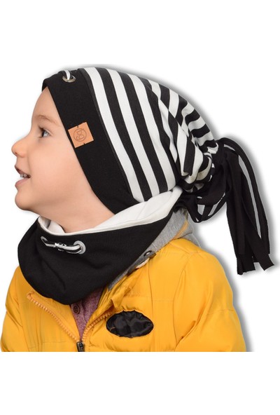 Baygiz Siyah Beyaz Çizgili Püskül Detaylı Bere Boyunluk Takım