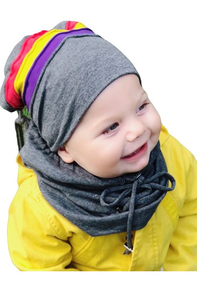 Babygiz Gri Üzeri Renkli Çizgili İp Detaylı Şapka Boyunluk Takım Babygiz Gri Üzeri Renkli Çizgili İp Detaylı Şapka Boyunluk Takım