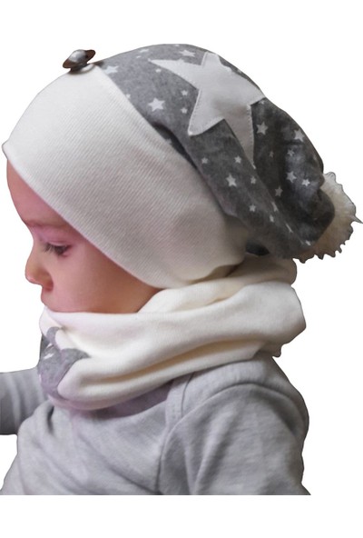 Babygiz Gri Beyaz Yıldız İşlemeli Ponpon Detaylı Şapka Boyunluk Takım
