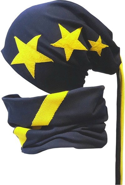 Babygiz Lacivert Üzeri Sarı Yıldız İşlemeli Şeritli İp Detaylı Şapka Boyunluk Takım Babygiz Lacivert Üzeri Sarı Yıldız İşlemeli Şeritli İp Detaylı Şapka Boyunluk Takım