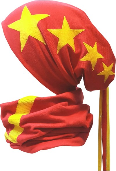 Babygiz Kırmızı Üzeri Sarı Yıldız İşlemeli Şeritli İp Detaylı Şapka Boyunluk Takım Babygiz Kırmızı Üzeri Sarı Yıldız İşlemeli Şeritli İp Detaylı Şapka Boyunluk Takım