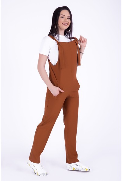 Ewa Moda Atlas Salopet T-Shirt Takım Taba Ewa Moda Atlas Salopet T-Shirt Takım Taba