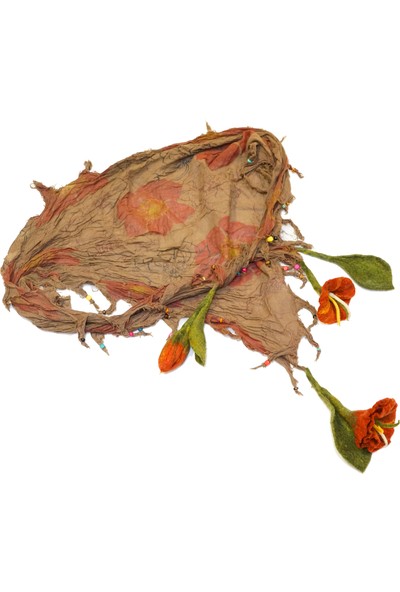 Kimya Hatun Kooperatifi Turuncu Çiçekli Kadın Kahverengi Üçgen Batik Şal