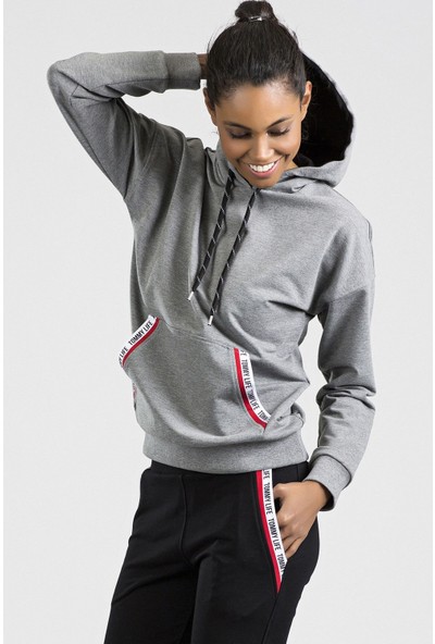 Tommy Life Gri Melanj-Siyah Kadın Kapüşonlu Cepli Standart Kalıp Manşetli Eşofman Takımı-03487
