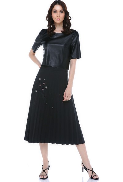 Graffin Siyah Pileli Taş Çiçek Detayli Etek