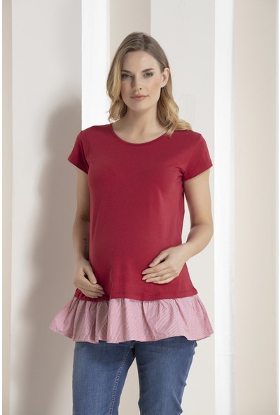 Gör&Sin Etek Ucu Çizgi Detaylı Hamile Tişört Bordo