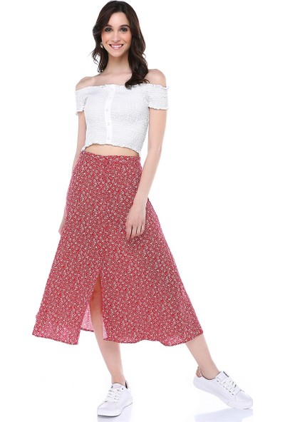 Livanomi Çiçekli Önü Düğmeli Kırmızı Etek