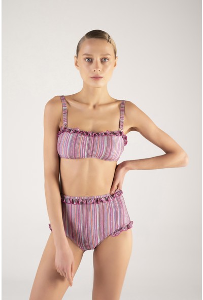 Shikoo Swimwear Çizgi Desenli Fırfırlı Yüksek Bel Straplez Bikini Takımı