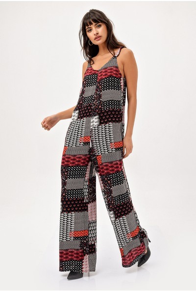 New Laviva Siyah Askılı Desenli Diz Boyu Kadın Tulum