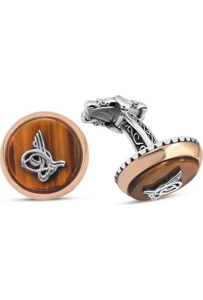 Silverplus Gümüş Kaplan Gözü Taşlı Osmanlı Tuğralı Kol Düğmesi