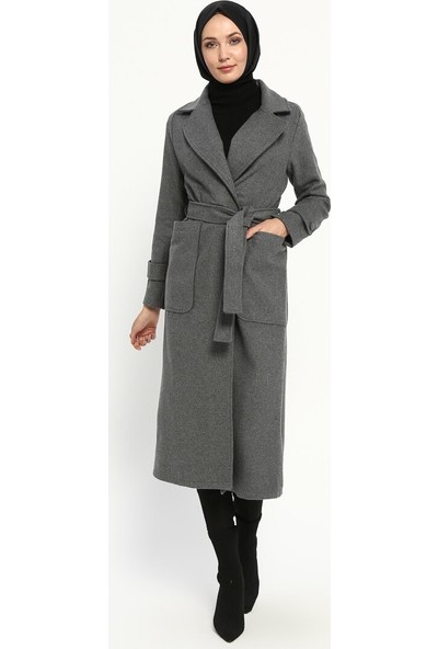 Kemerli Kaşe Kaban - Gri - Miss Cazibe