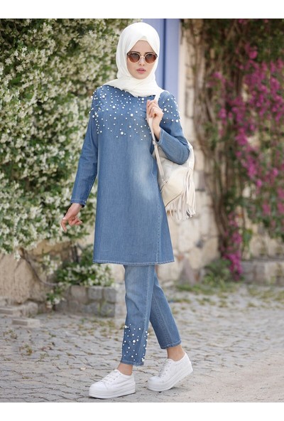 İncili Kot Tunik Pantolon İkili Takım - Koyu Kot - Piennar