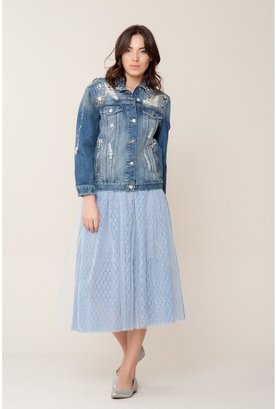 GIZIA Tül Ve Güpür Detaylı Midi Etek