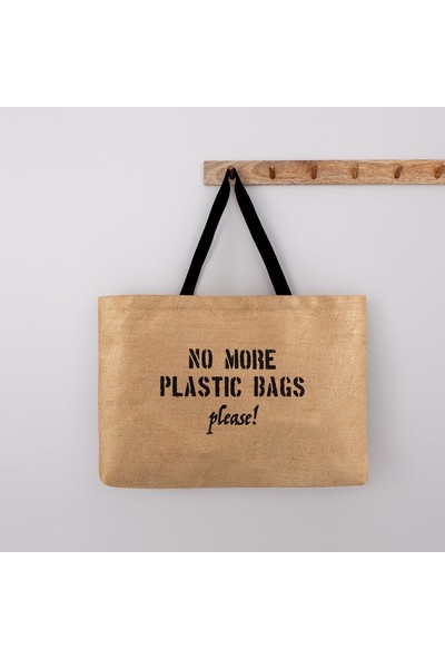 Ocean Home No More Plastıc Bags Baskılı Jüt Plaj Çantası Ocean Home No More Plastıc Bags Baskılı Jüt Plaj Çantası